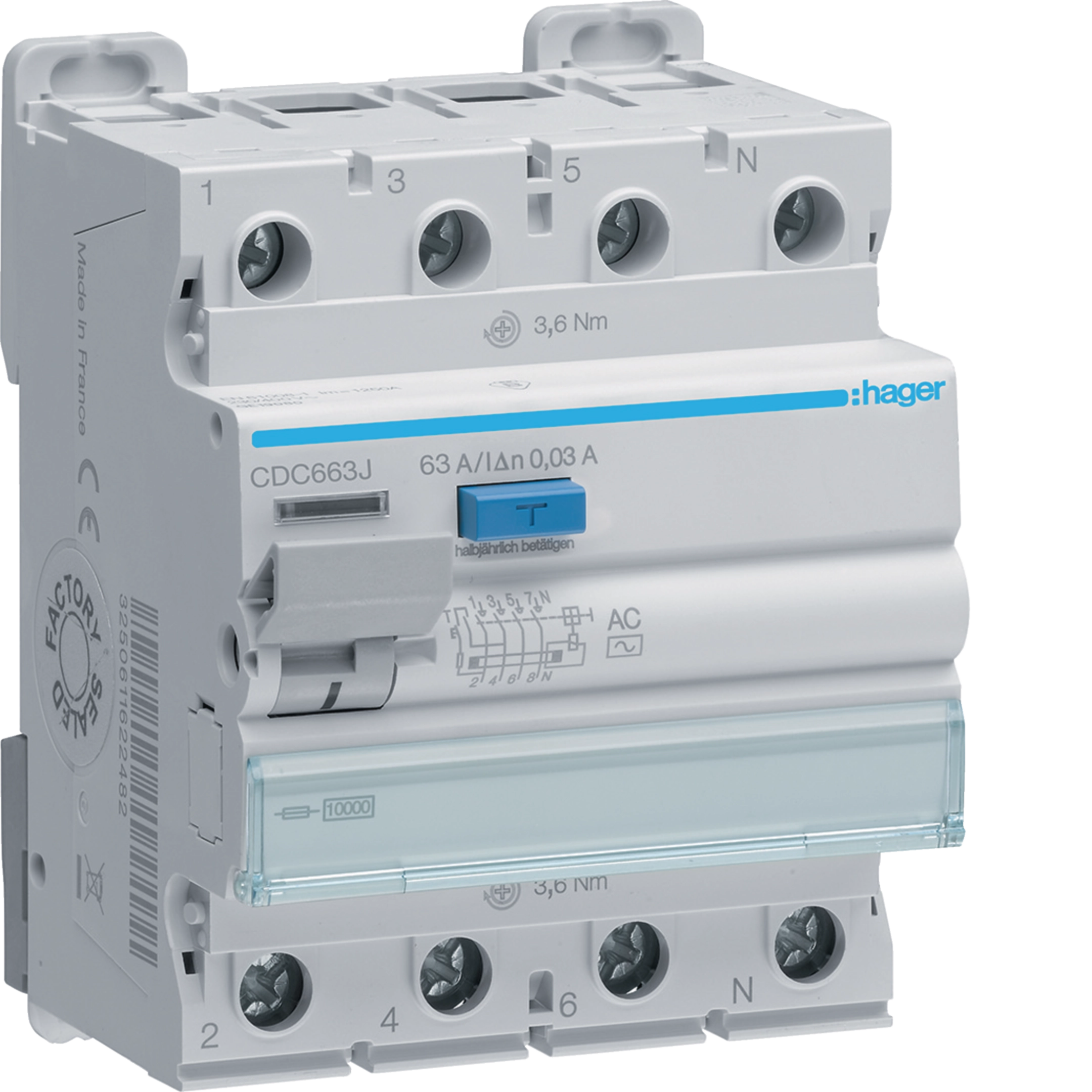 RCCB 3P+N 63A 30mA AC • CDC663J | Hager