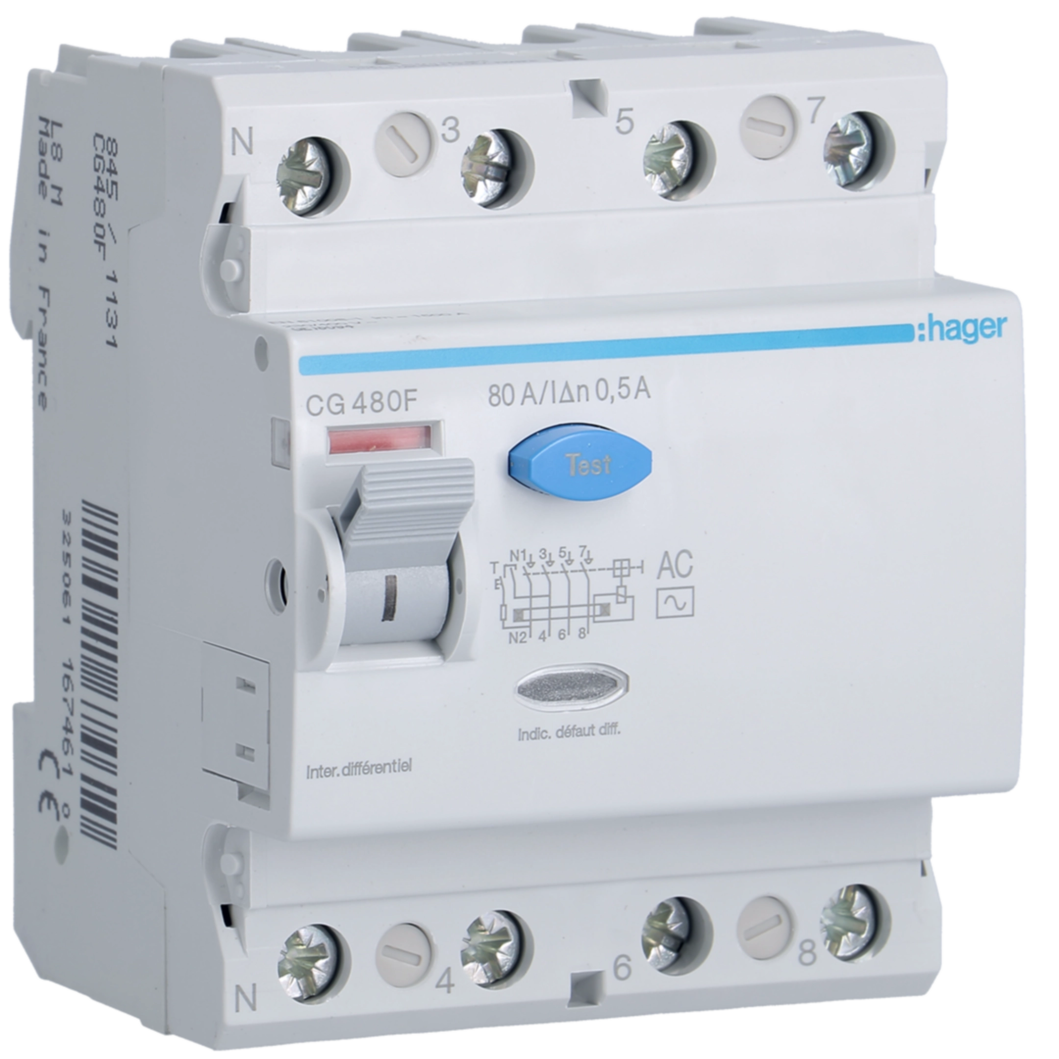 Inter. dif. 4P 80A 500mA tipo AC 4M • CG480F | Hager