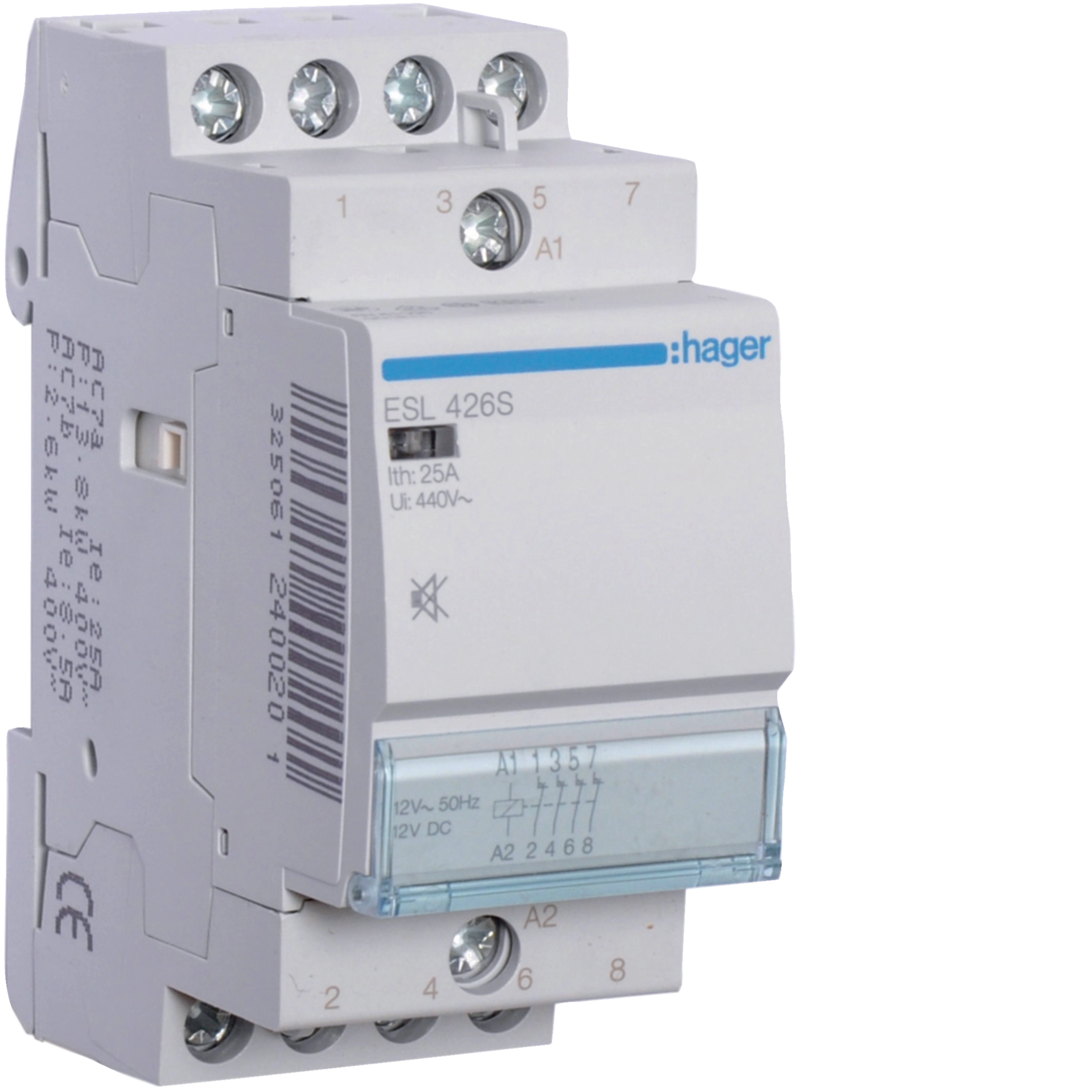 Contactor silencioso 25A, 4NF, 12V 2M • ESL426S | Hager