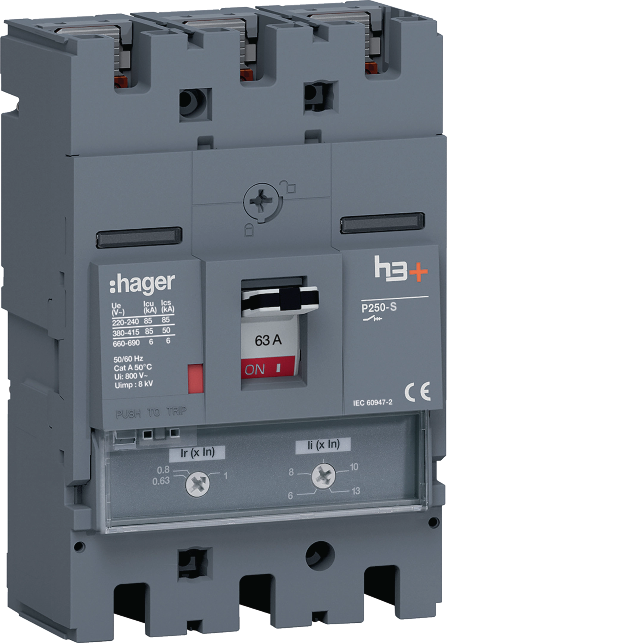 Leistungsschalter h3+ P250 TM 3x63A 85kA • HST063DR | Hager