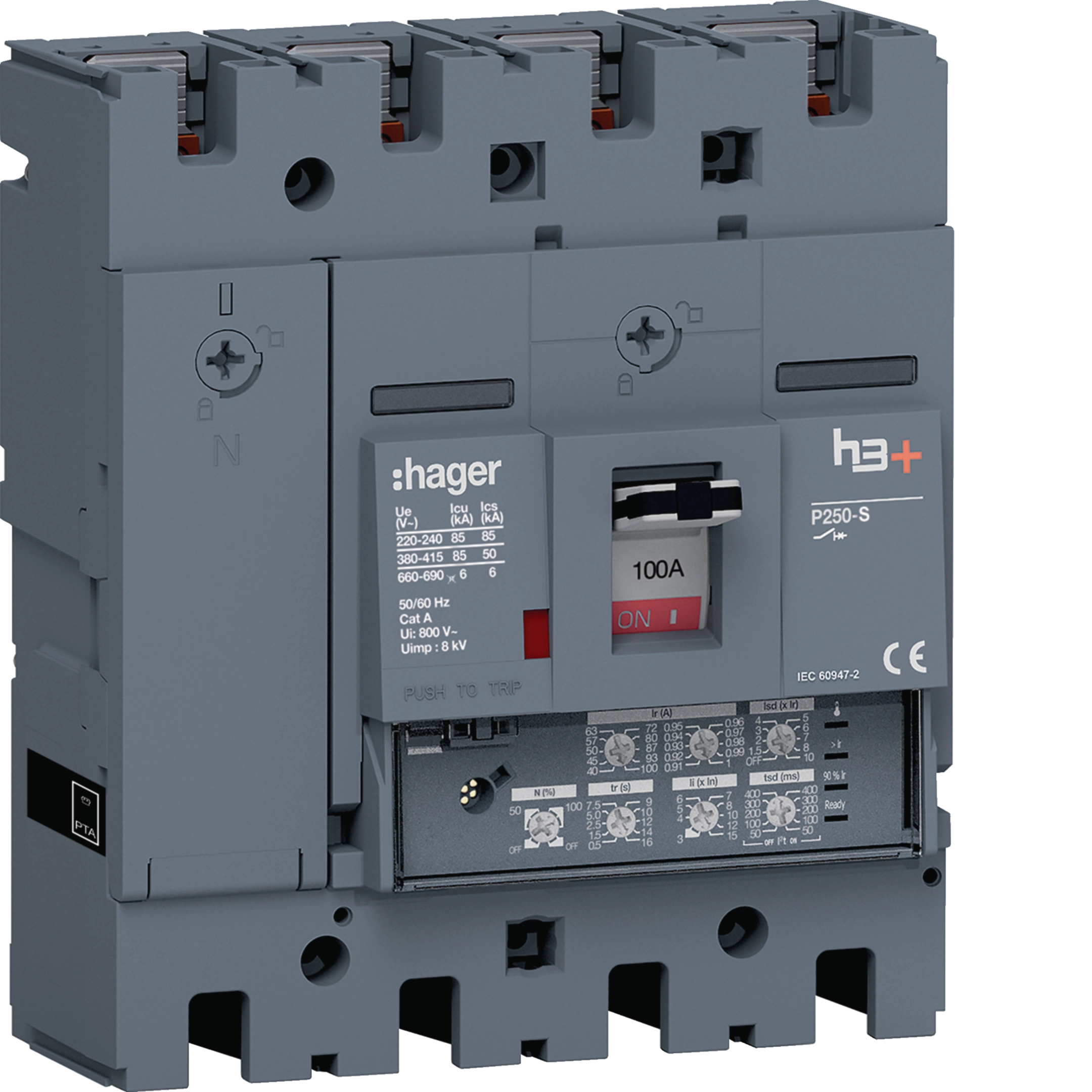 Disjuntor P250 LSI 4P-4D 100A 85kA • HST101JR | Hager