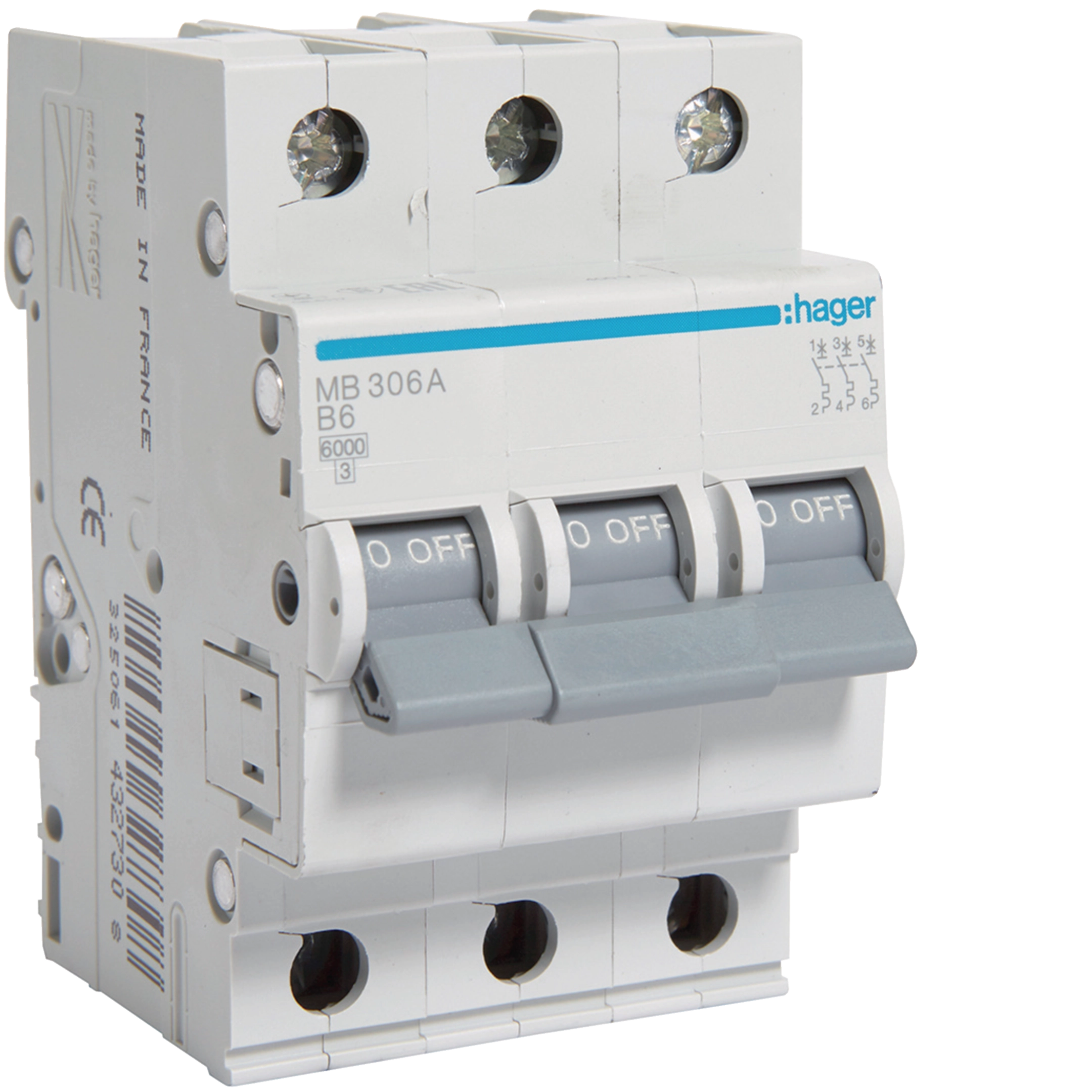 MCB 3P 6kA B-6A 3M • MB306A | Hager