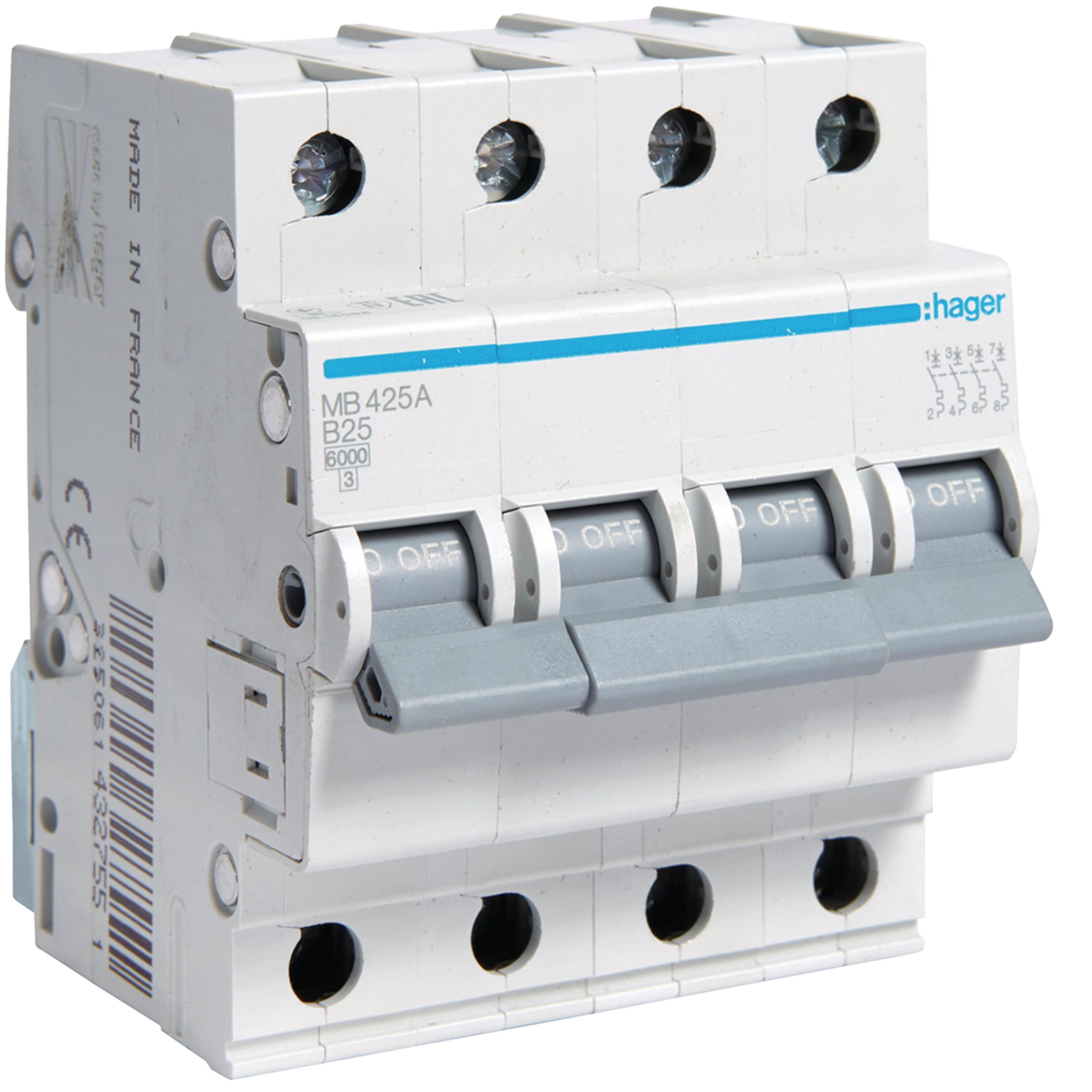 MCB 4P 6kA B-25A 4M • MB425A | Hager