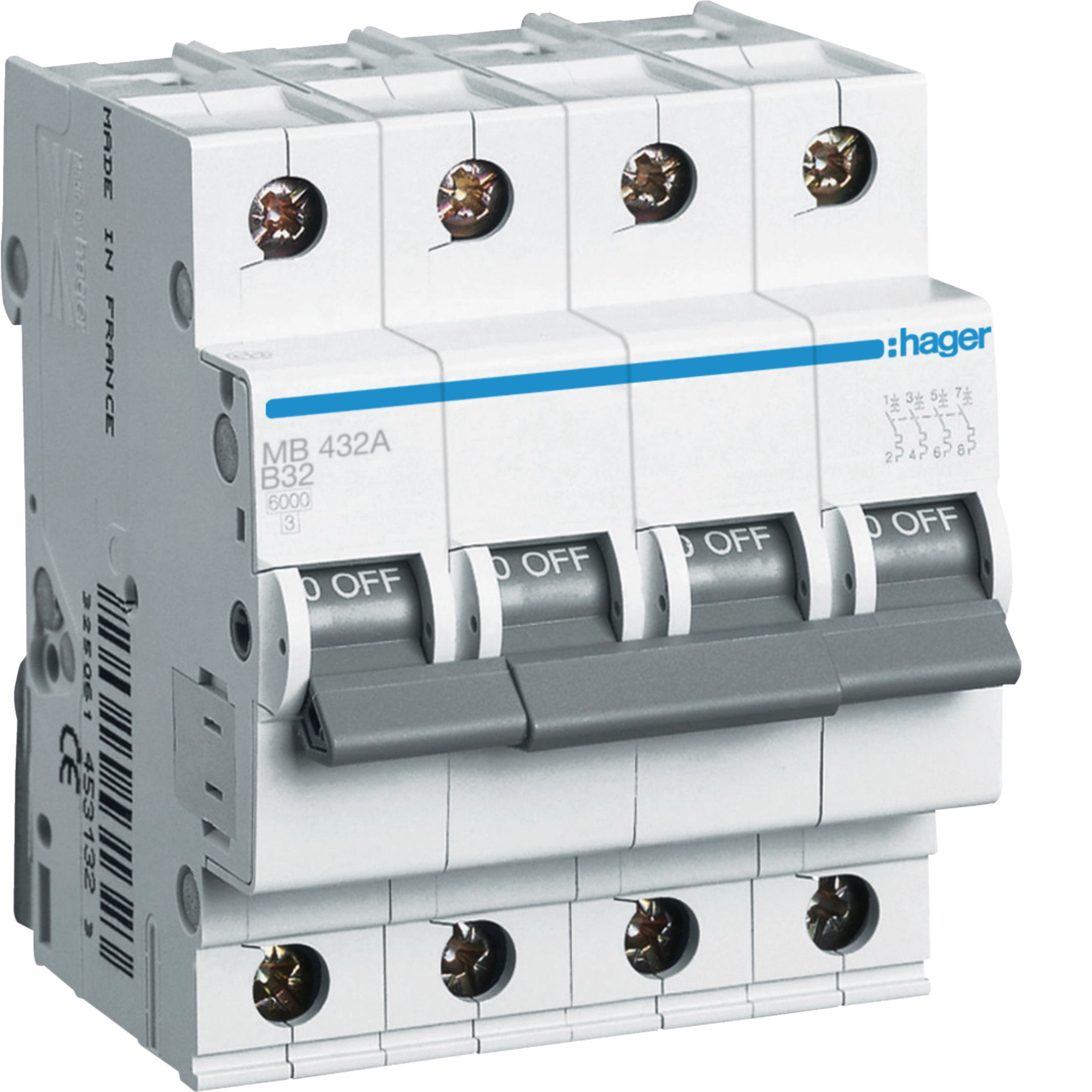 MCB 4P 6kA B-32A 4M • MB432A | Hager