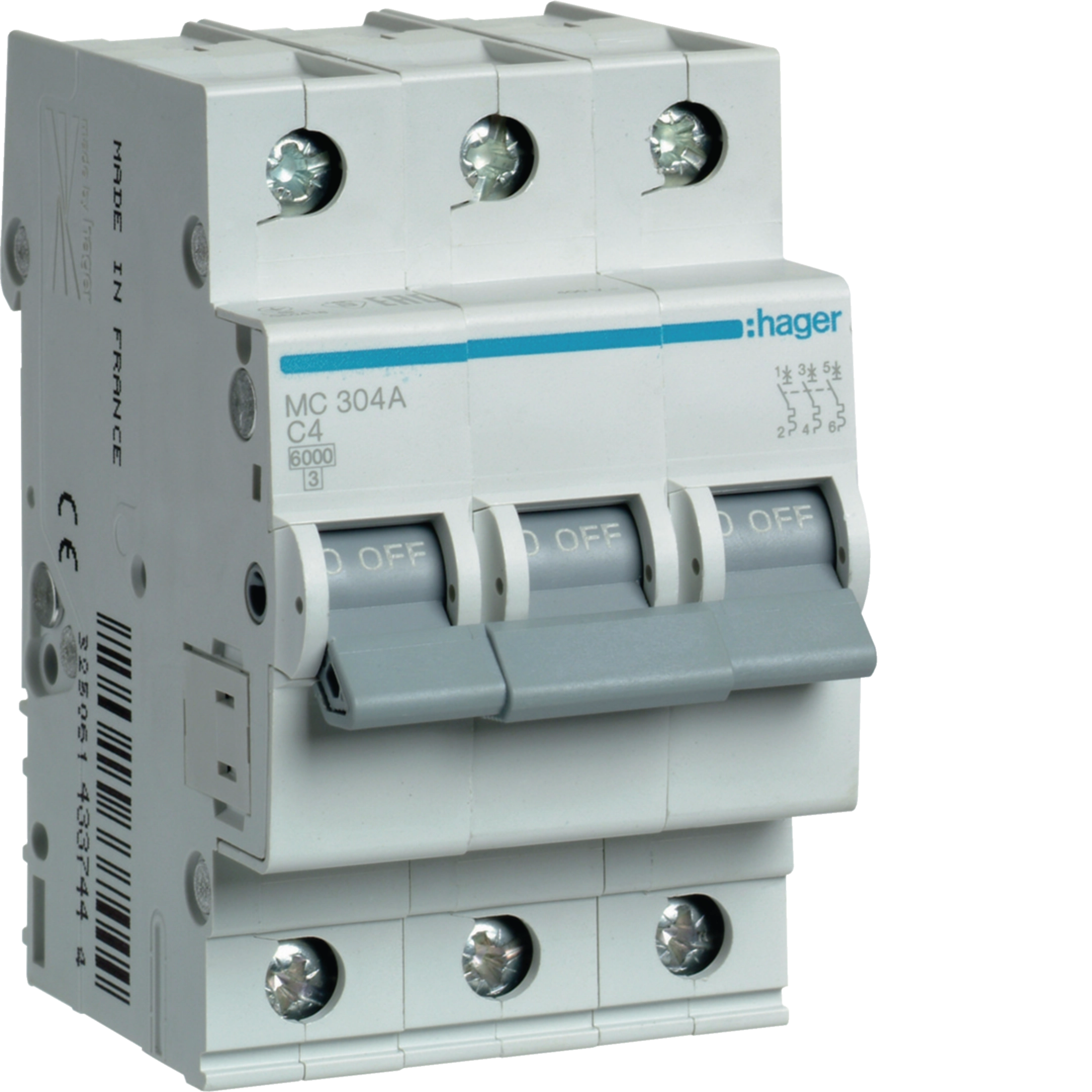 MCB 3P 6kA C-4A 3M • MC304A | Hager