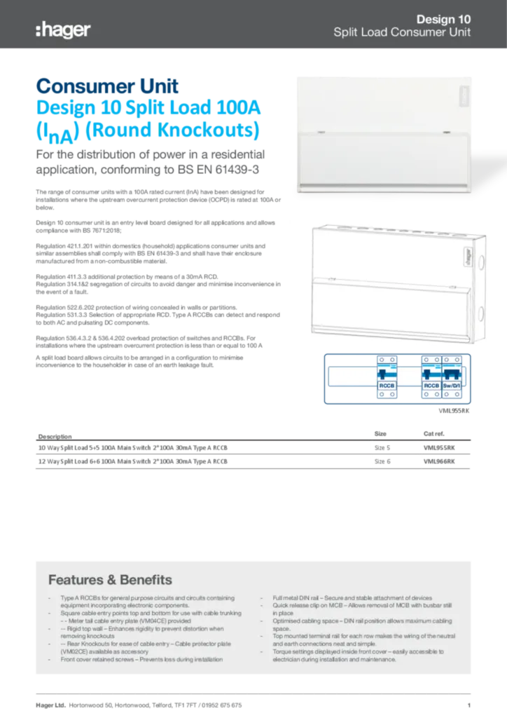 12 Way 6+6 100A Sw 2*100A 30mA Round KO • VML966RK | Hager