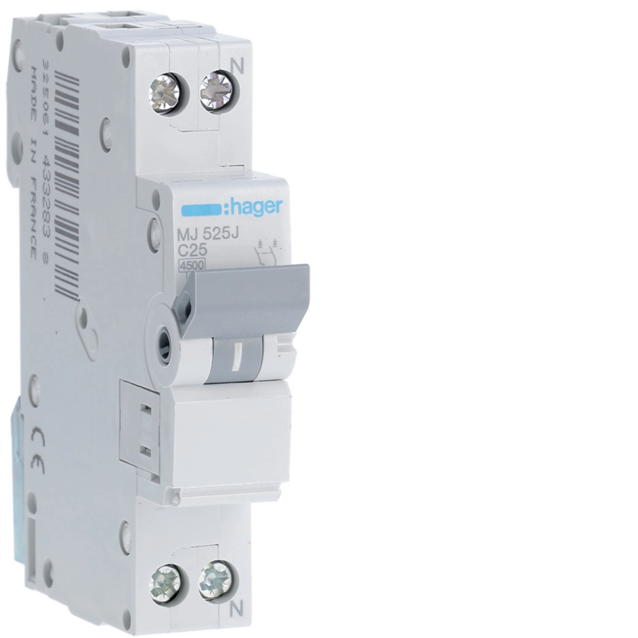 MCB 1P+N 4.5kA C-25A 1M • MJ525J | Hager