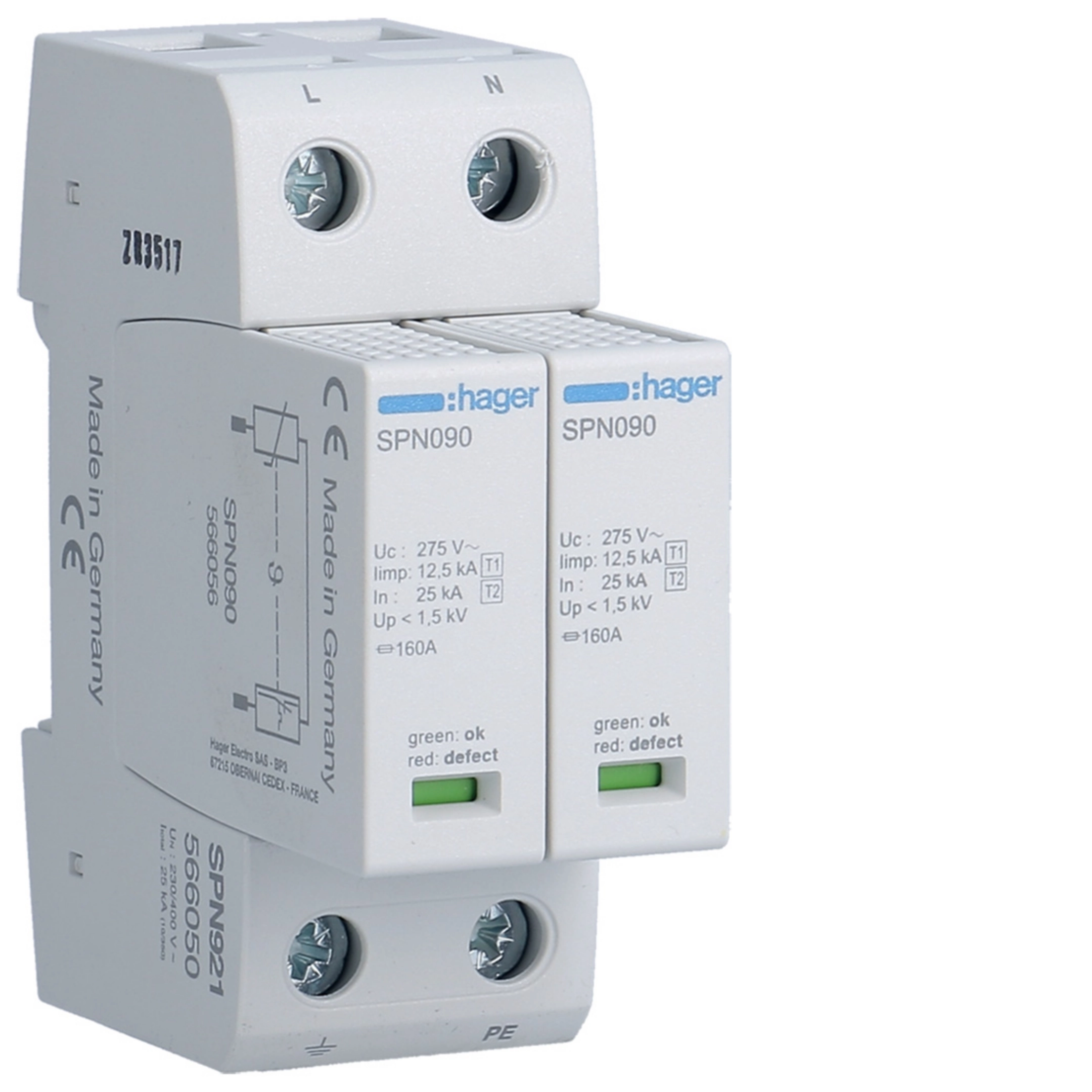 SPD T1+T2 2P TN-S 25kA Up 1, 5kV • SPN921 | Hager