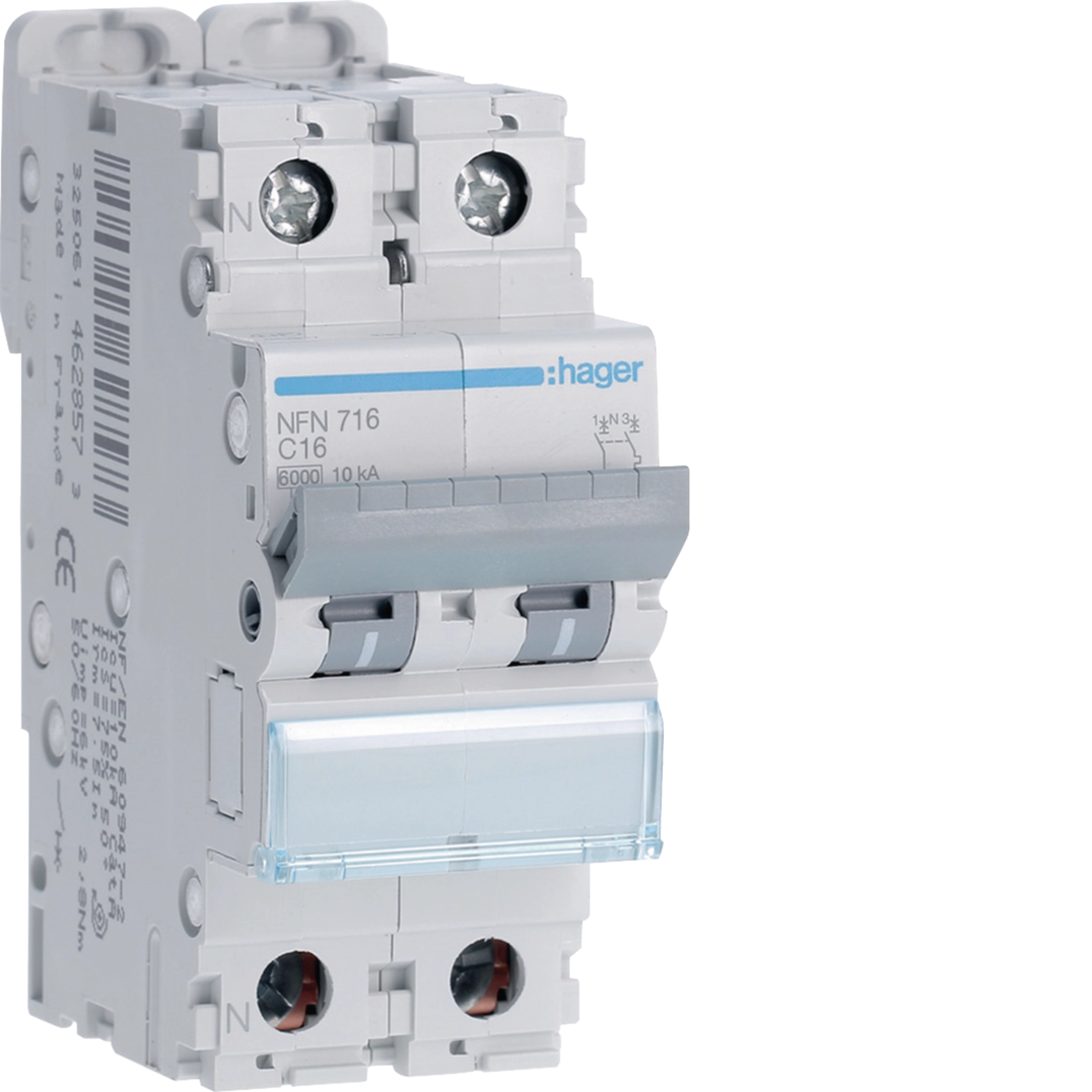 Disjuntor 1P+N 16A C 6/10kA 2M • NFN716 | Hager