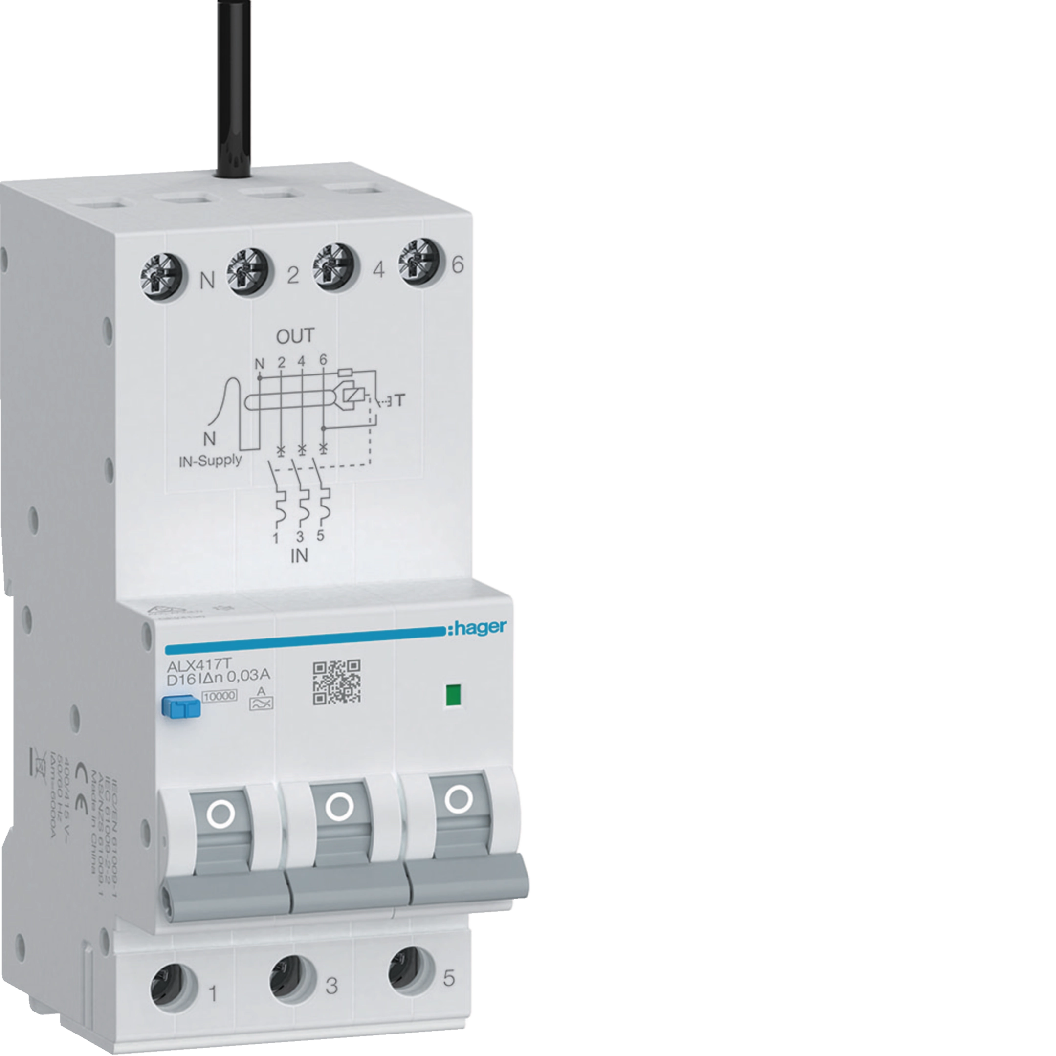 RCBO ELE 3M 3P+N 10kA D-16A 30mA A • ALX417T | Hager