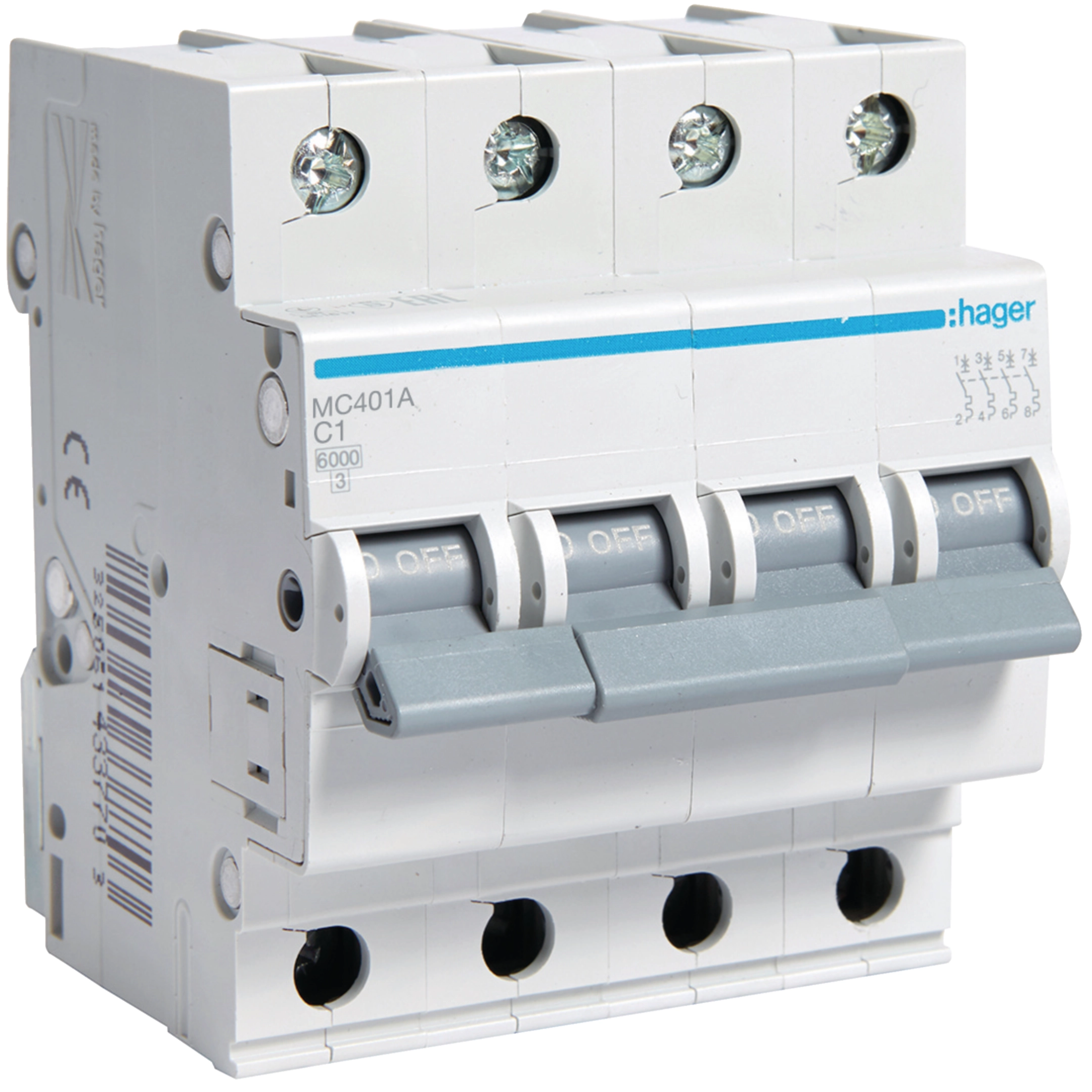 MCB 4P 6kA C-1A 4M • MC401A | Hager